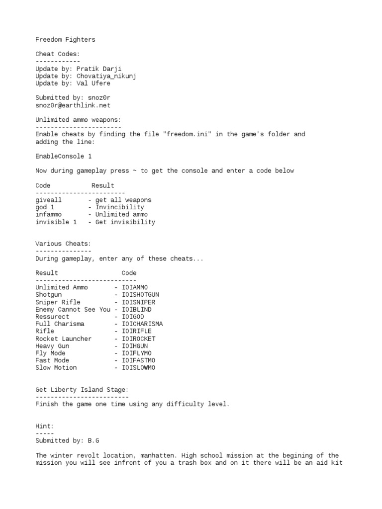 Freedom Fighter Cheat Codes | PDF | Cheating In Video Games | Ammunition