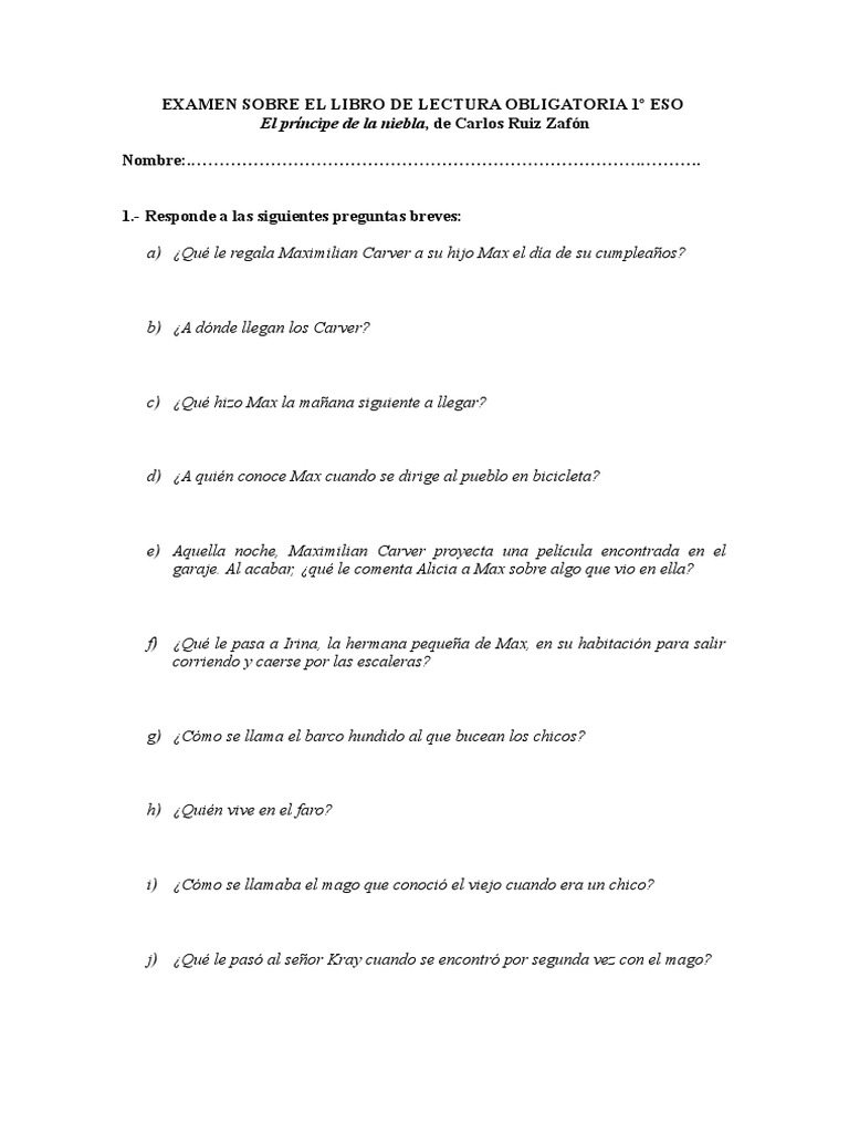Examen sobre "El príncipe de la niebla" | PDF