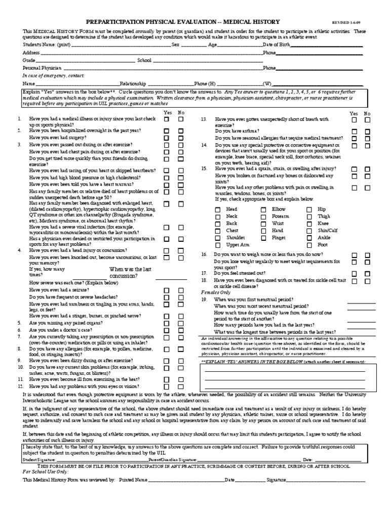 Texas Medical History Form For Student-Athletes | PDF | Business