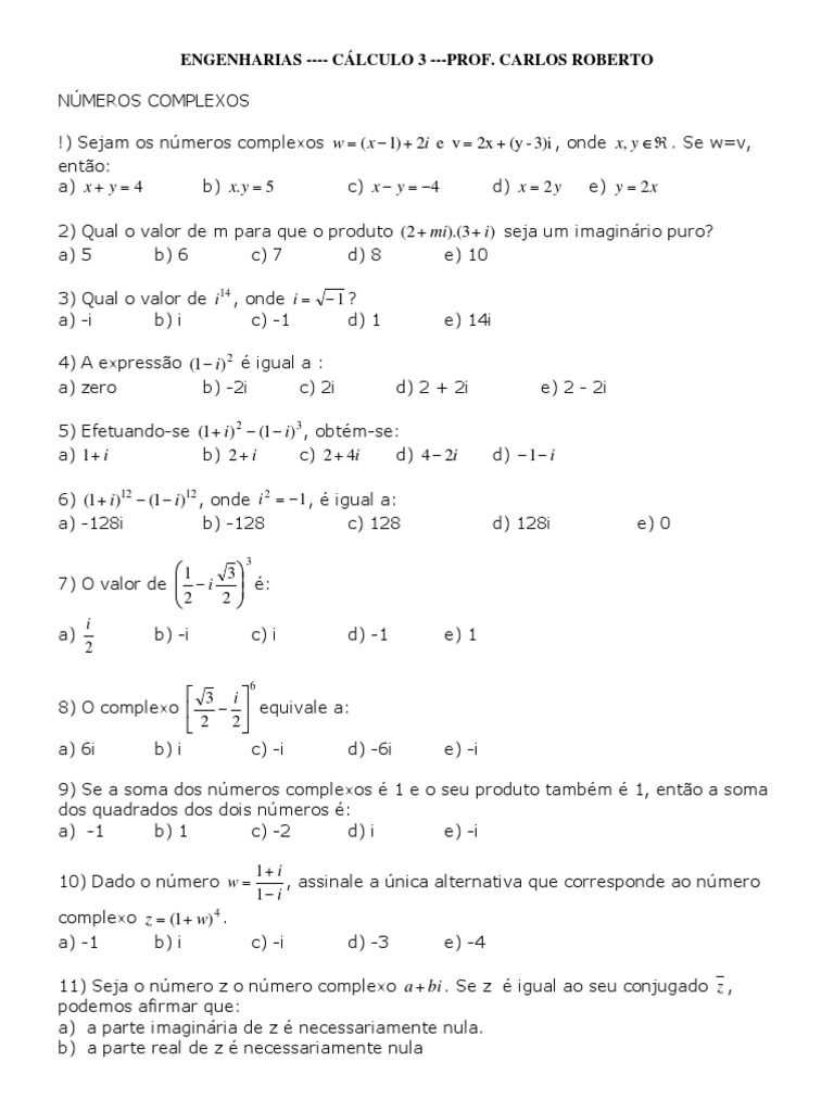 Lista de Exercicios - Numeros Complexos | PDF | Número Complexo | Números