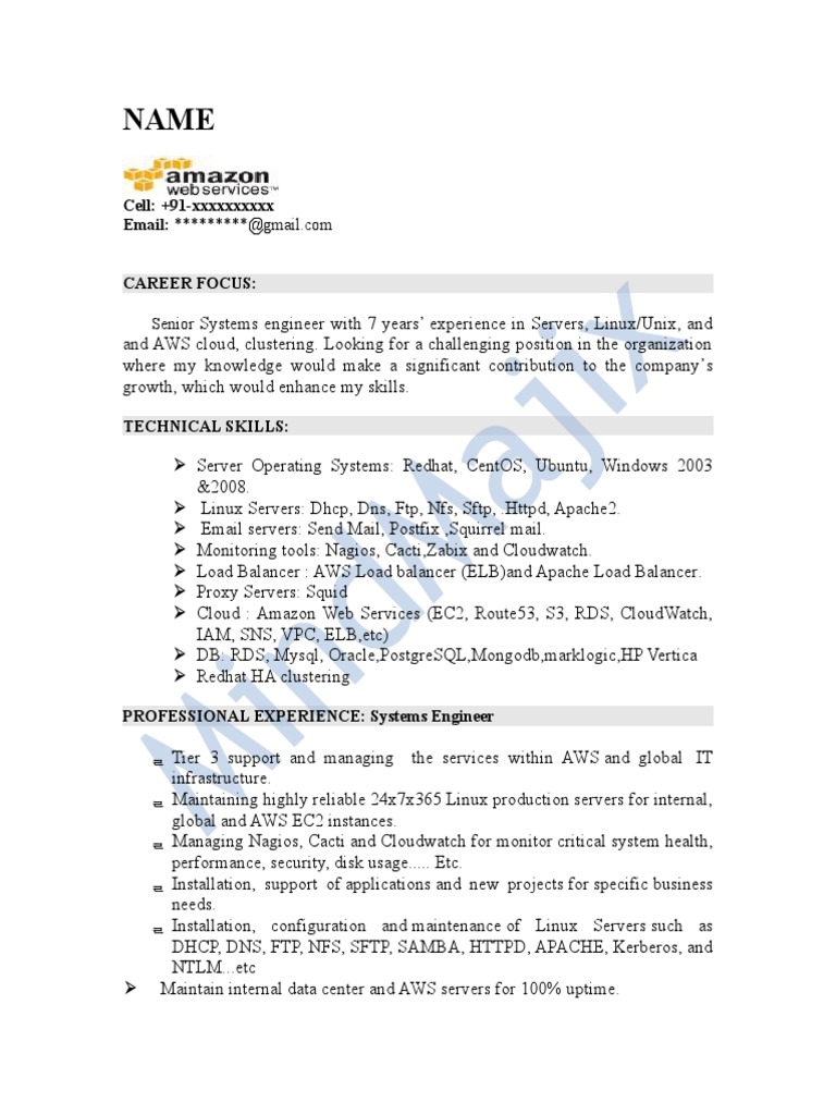 AWS Sample Resume 2 | PDF | Amazon Web Services | Distributed Computing ...