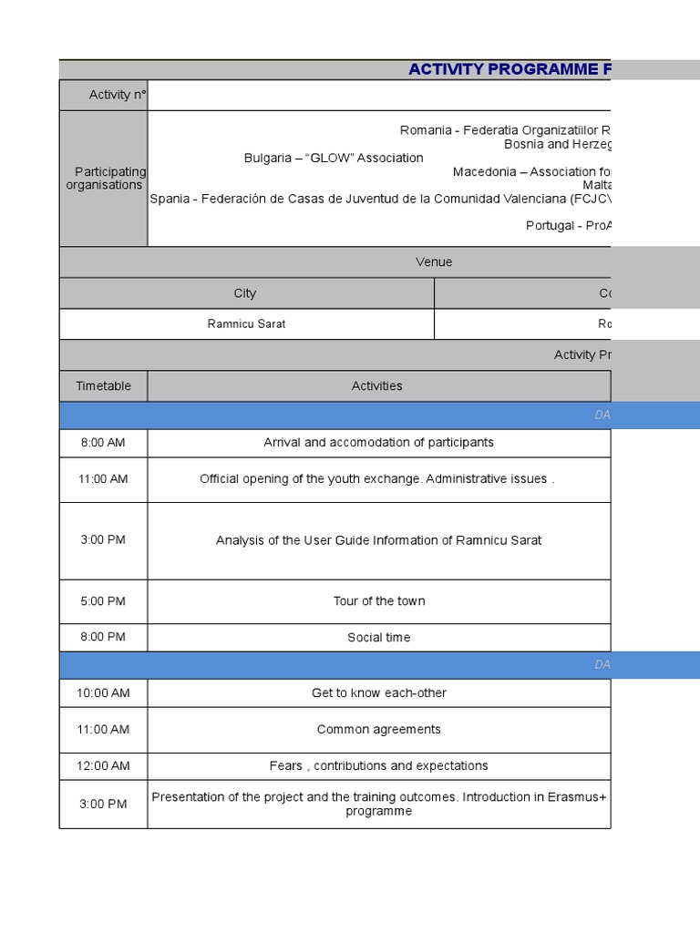 Activity Programme For A Youth Exchange: Ramnicu Sarat Romania | PDF