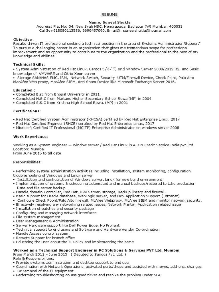 SuneelShukla System Administrator Linux CV | PDF | Technical Support ...