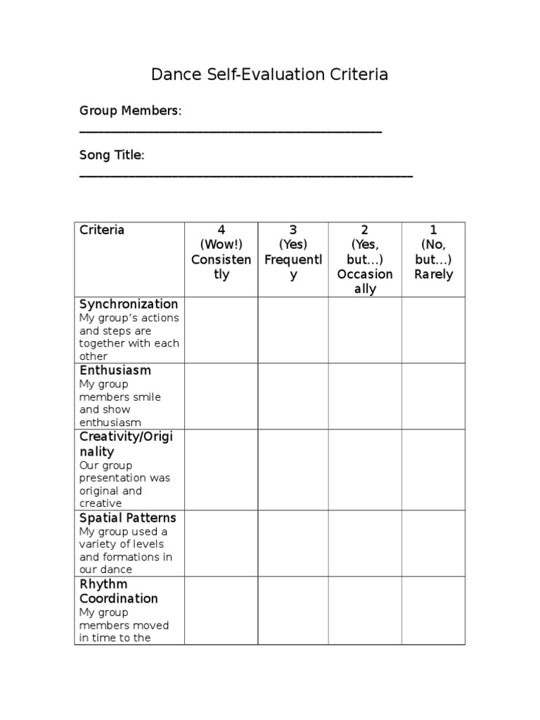 Dance Group Self-Evaluation Guide | PDF