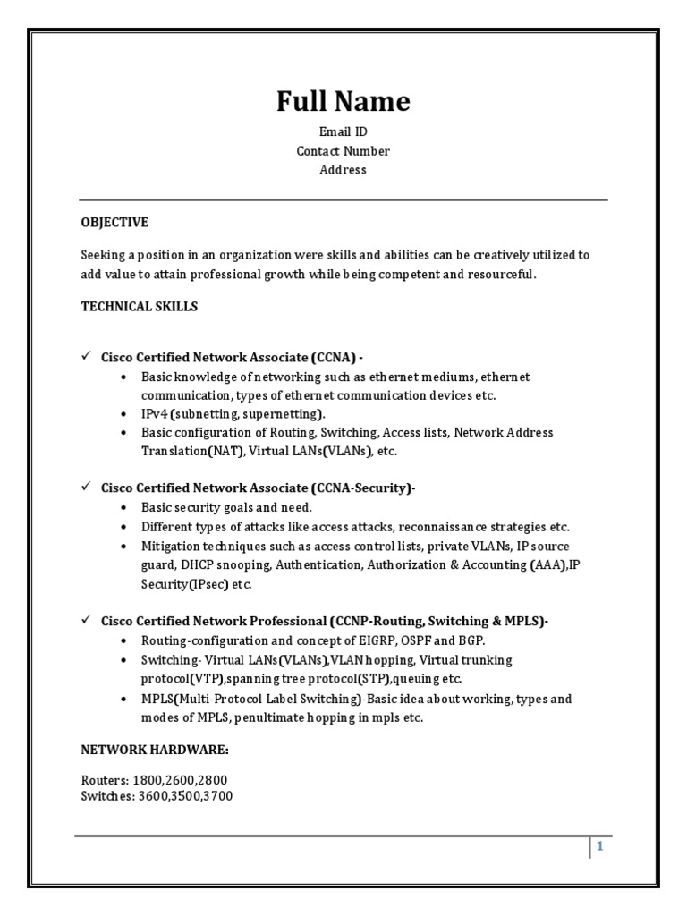 Sample Resume Fresher CCNA | PDF | Multiprotocol Label Switching ...