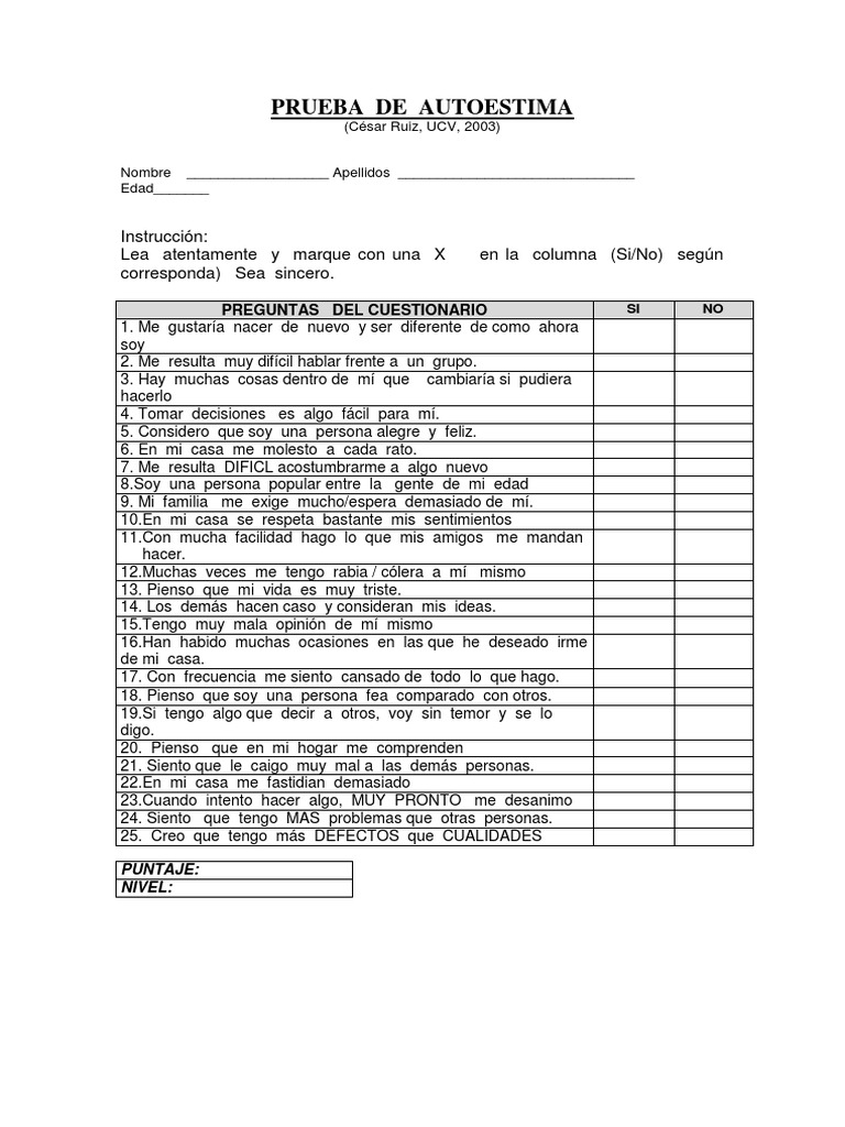 Prueba de Autoestima | PDF