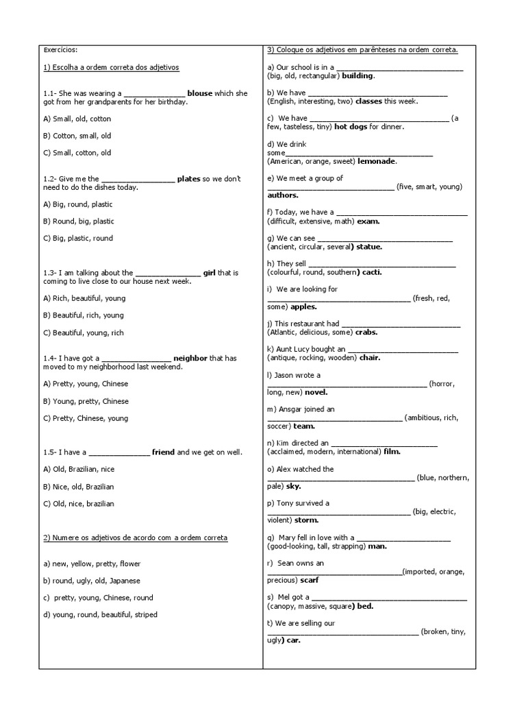 Adjective Order Exercises in English | PDF