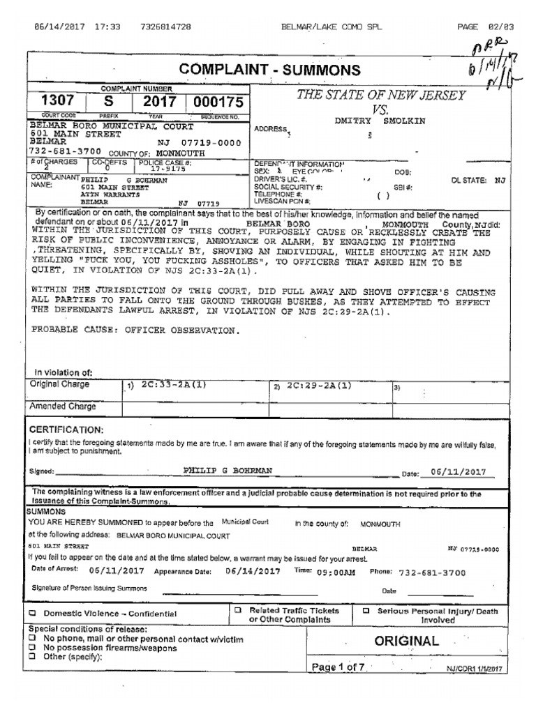 Complaint - Summons: The State of New Jersey vs. Dmitry Smolkin