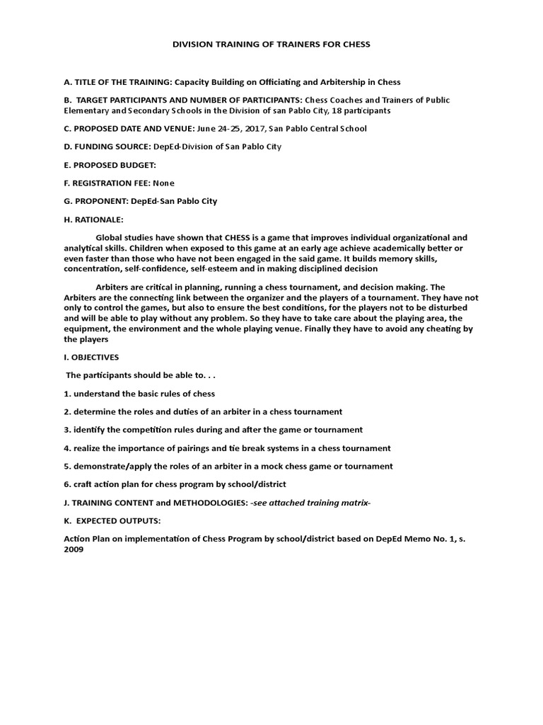 Training Program Proposal Chess | Self Esteem | Chess