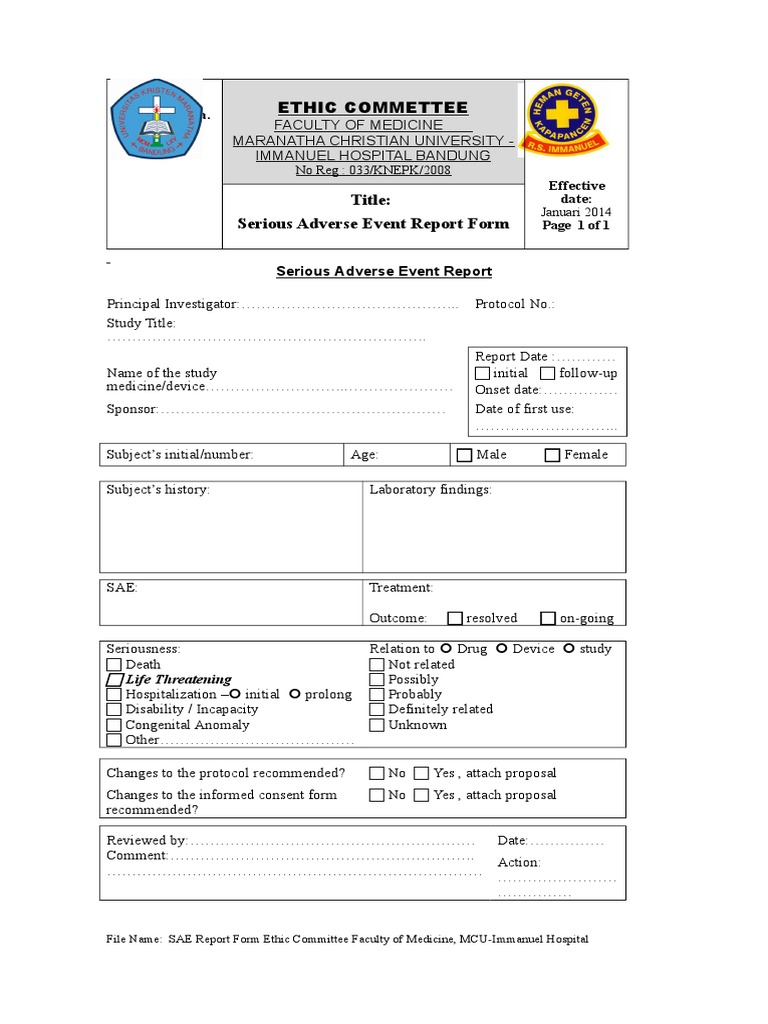 Title: Serious Adverse Event Report Form: Ethic Commettee | PDF