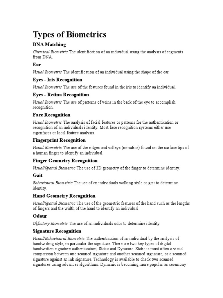 Types of Biometrics: DNA Matching | PDF | Biometrics | Authentication