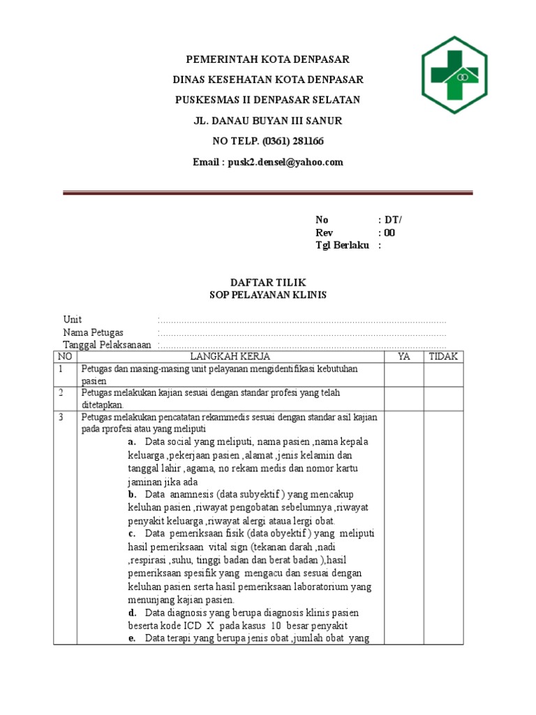 Daftar Tilik Sop Pelayanan Klinis | PDF