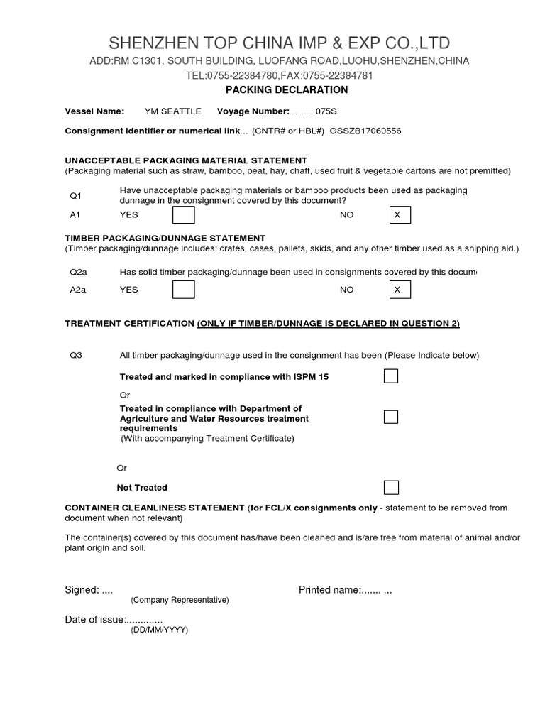 Packing Declaration Since Oct 2016 (2) Shenzhen Top China | PDF