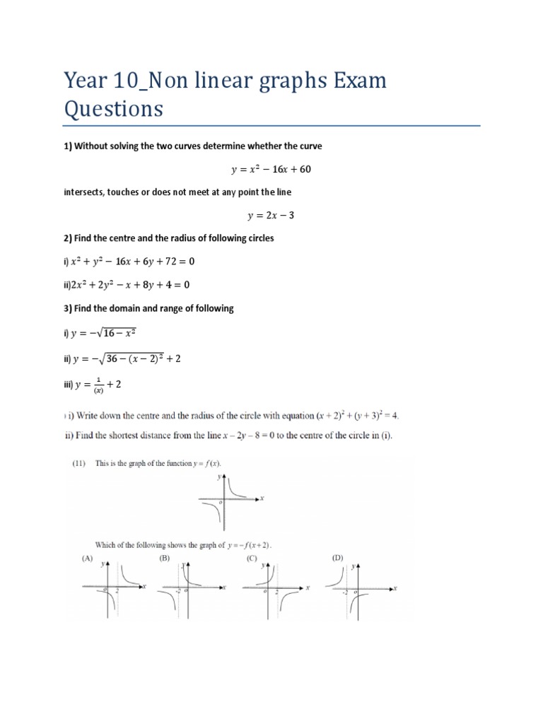 Year 10 - Non Linear Graphs Exam Questions: 1) Without Solving The Two ...