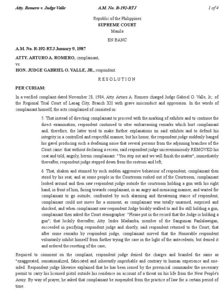 26-Atty. Romero v. Judge Valle A.M. No. R-192-RTJ January 9, 1987 | PDF ...