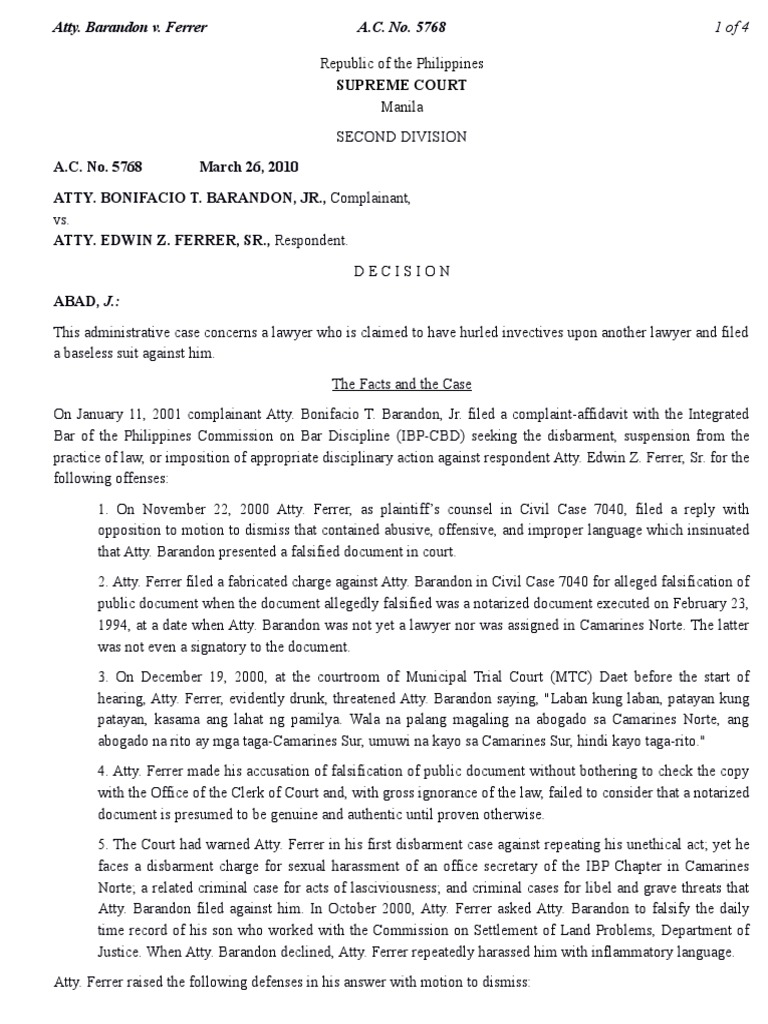 19-Atty. Barandon v. Ferrer A.C. No. 5768 March 26, 2010 | PDF ...