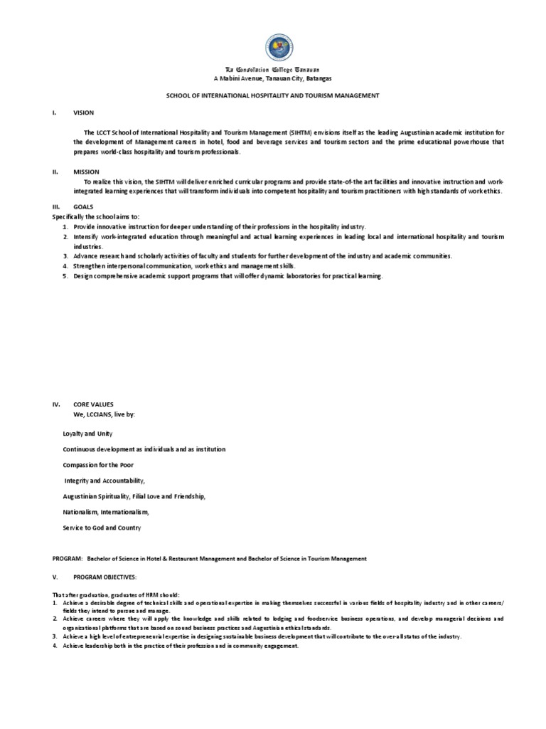 School of International Hospitality and Tourism Management I. Vision ...