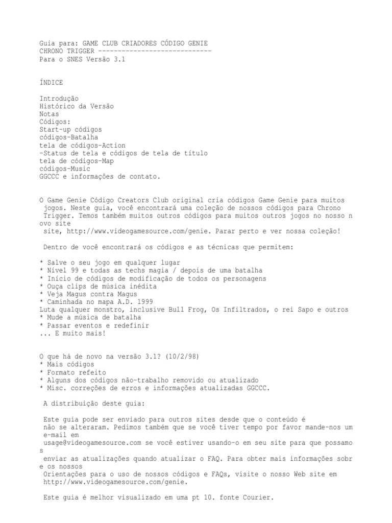 Chrono Trigger Snes Cheats | PDF | Jogos e Atividades