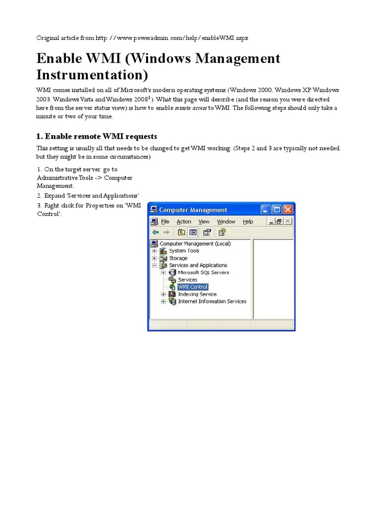 Enable Remote WMI Access Guide | PDF | Windows Server 2003 | Microsoft ...