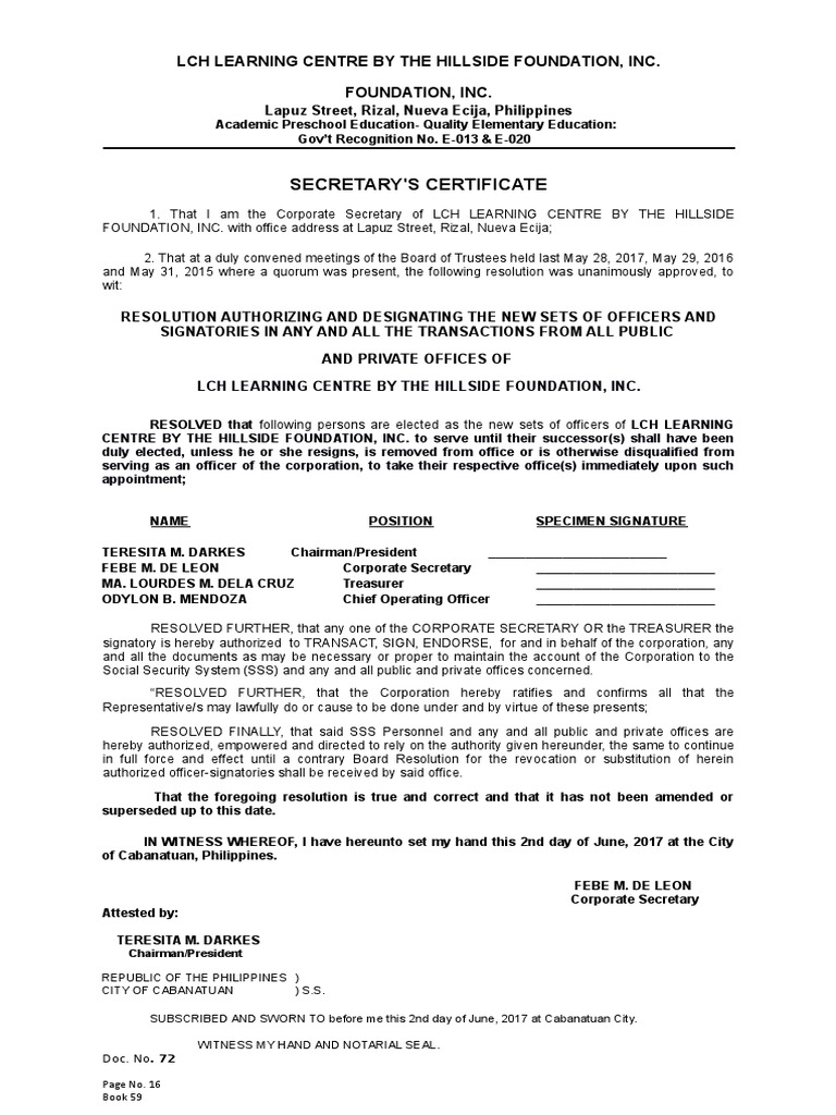Secretary's Certificate - To Open Account | PDF | Cheque | Deposit Account