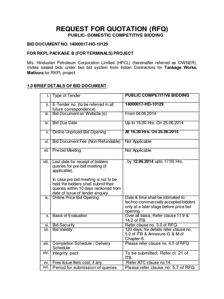 Request For Quotation (RFQ) : Public-Domestic Competitive Bidding | PDF ...