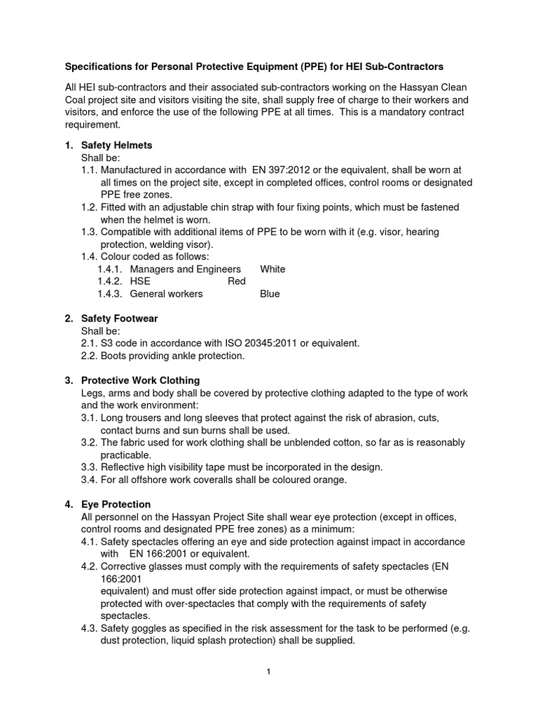 PPE Requirement & Specifications | PDF | Personal Protective Equipment ...