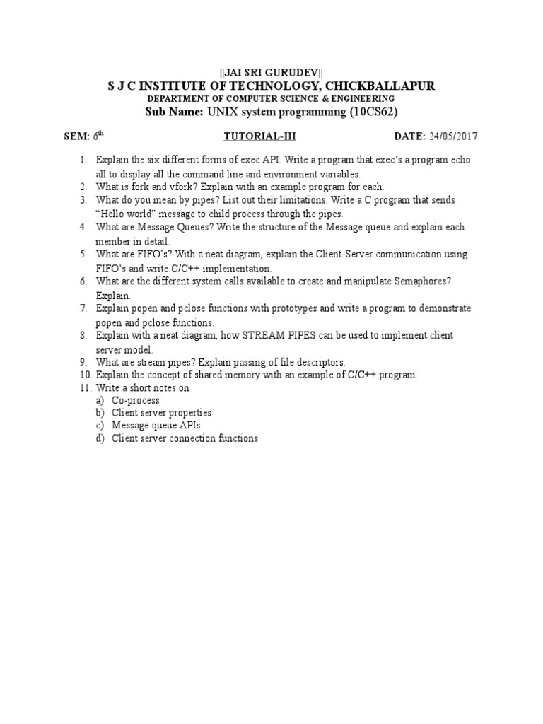 S J C Institute of Technology, Chickballapur Sub Name: UNIX System ...