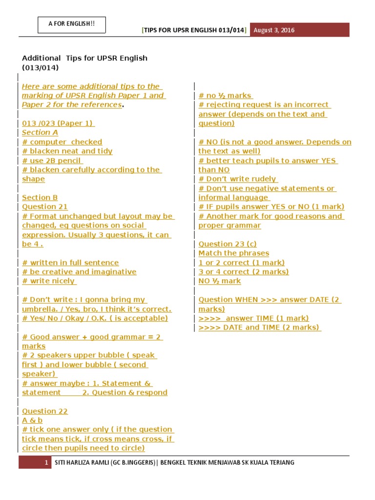 Tips For Upsr English 013 | PDF | Phrase | English Language