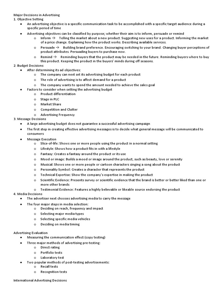 Major Decisions in Advertising | PDF | Sales | Direct Marketing