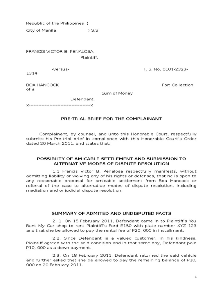 Pre-Trial Brief: Penalosa vs. Hancock | PDF | Witness | Lawsuit