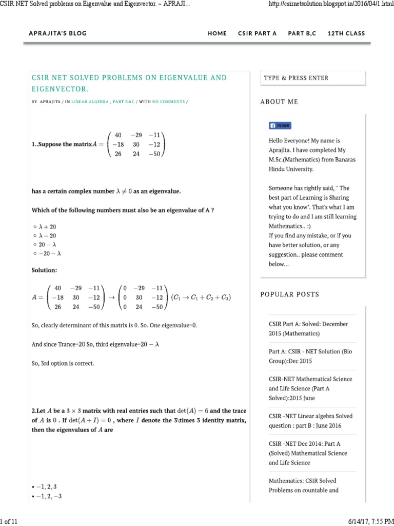 CSIR NET Solved Problems On Eigenvalue and Eigenvector. APRAJITA'S BLOG | PDF | Eigenvalues And ...