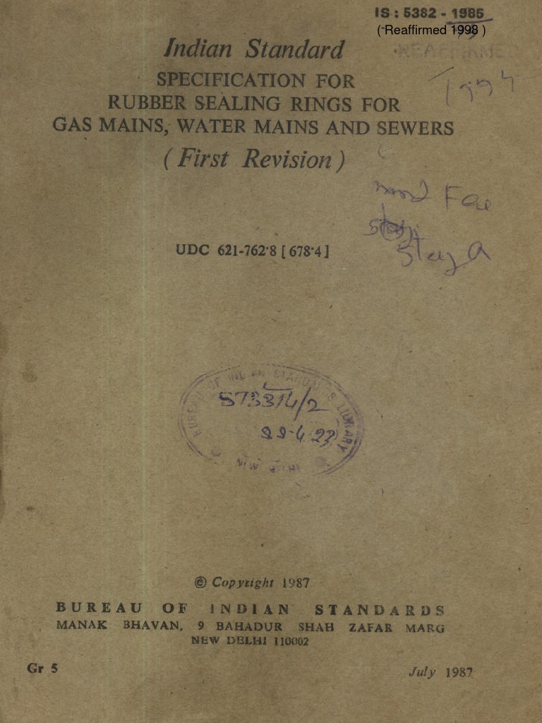 Is-5382-1998 Specification-for-Rubber-Sealing-Rings-for-Gas-Mains-Water ...