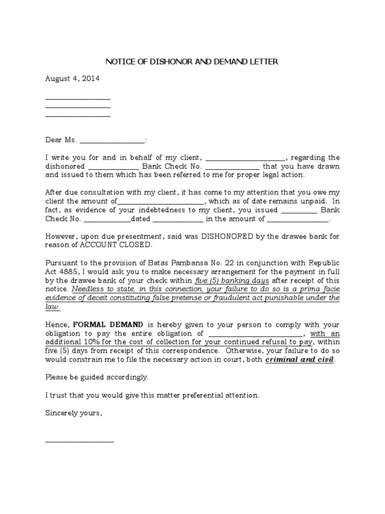Notice of Dishonor and Demand Letter | PDF