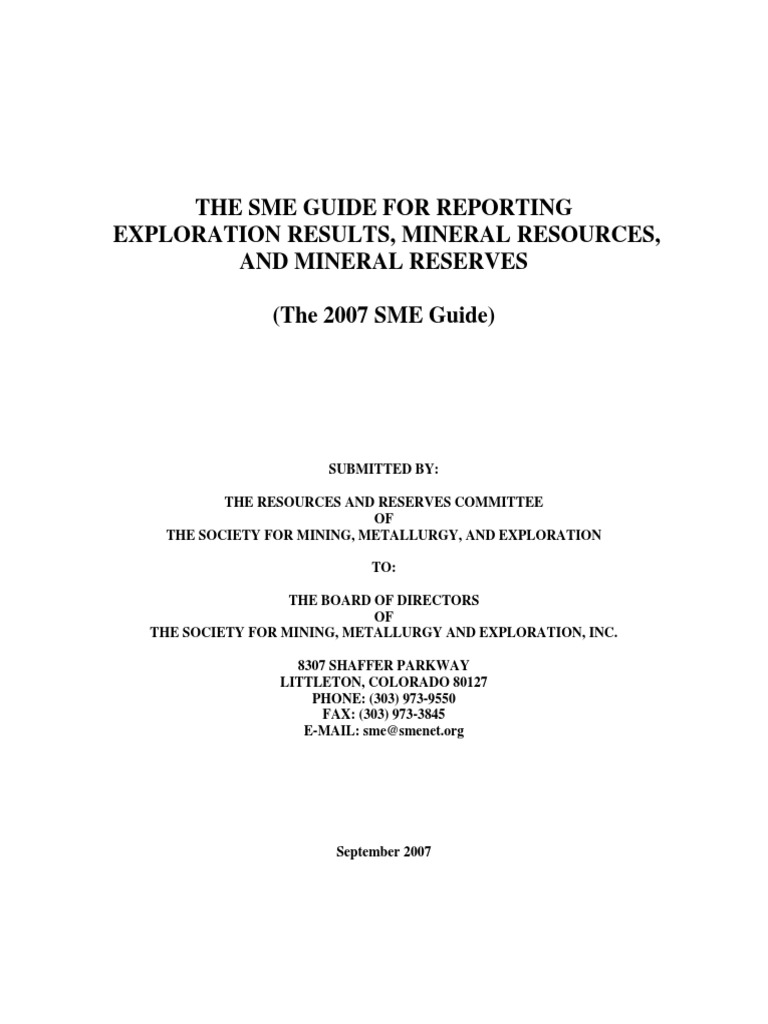 The Sme Guide For Reporting Exploration Results, Mineral Resources, and ...