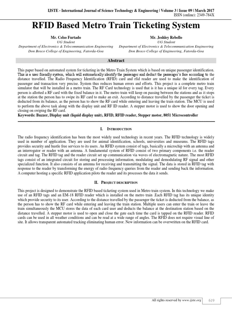 RFID Based Metro Train Ticketing System | PDF | Radio Frequency Identification | Electrical ...