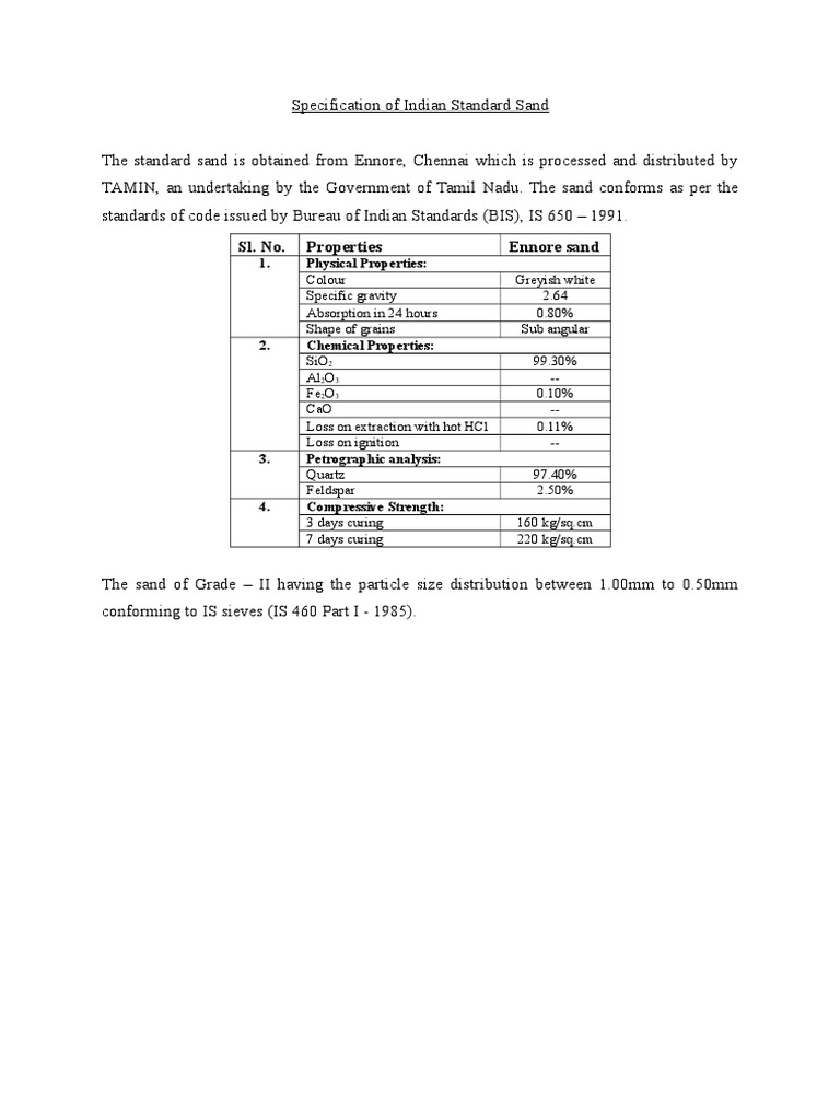 Ennore Sand Specification per IS 650 | PDF