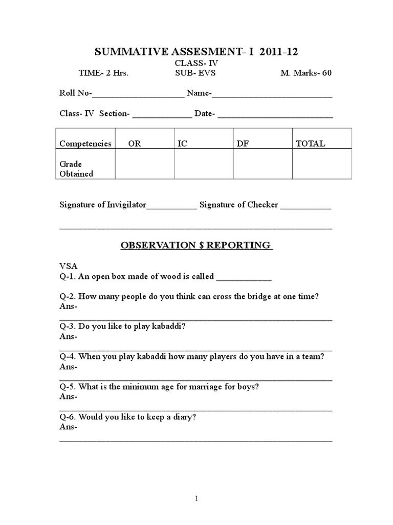 Summative Assesment-I 2011-12: Observation $ Reporting | Download Free ...