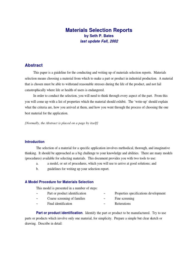 Materials Selection Reports: last update Fall, 2002