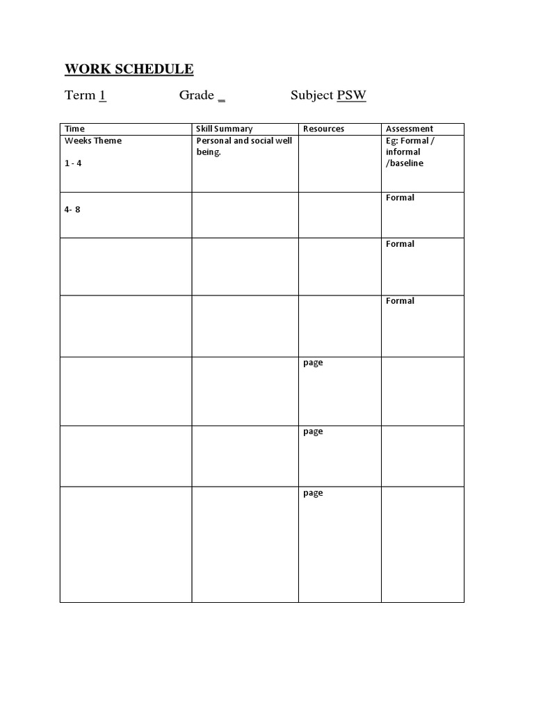 Term 1 Grade - Subject PSW: Work Schedule | PDF