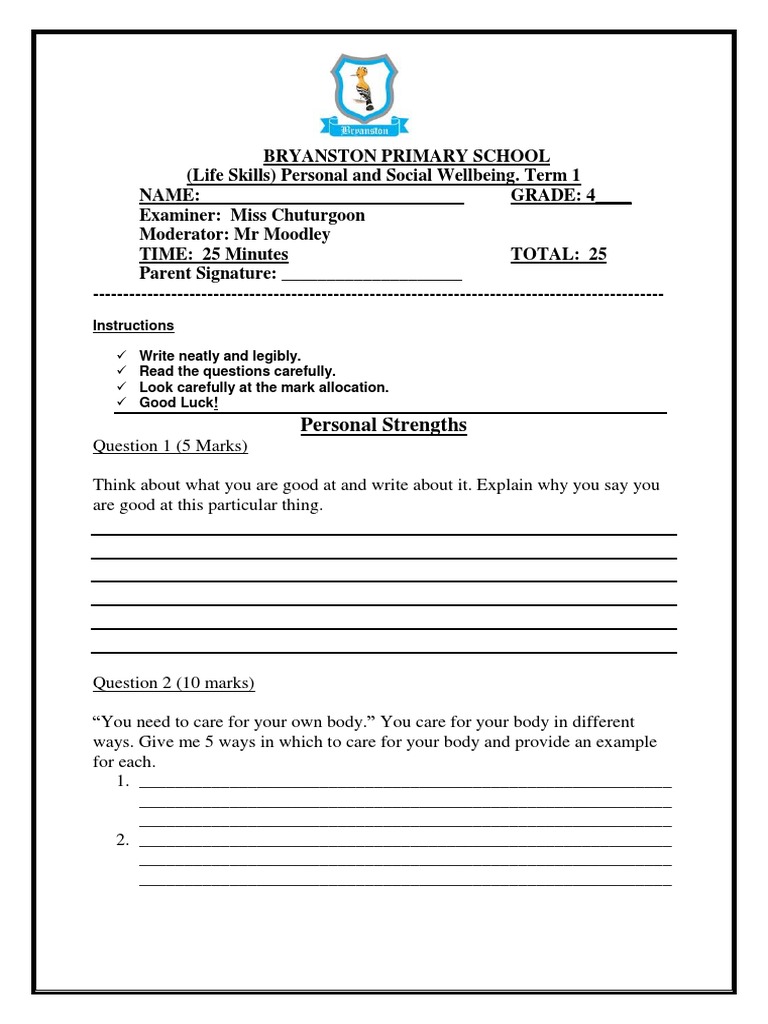 Grade 4 Life Orientation CycleTest - Feb 2013 | PDF | Cognition ...