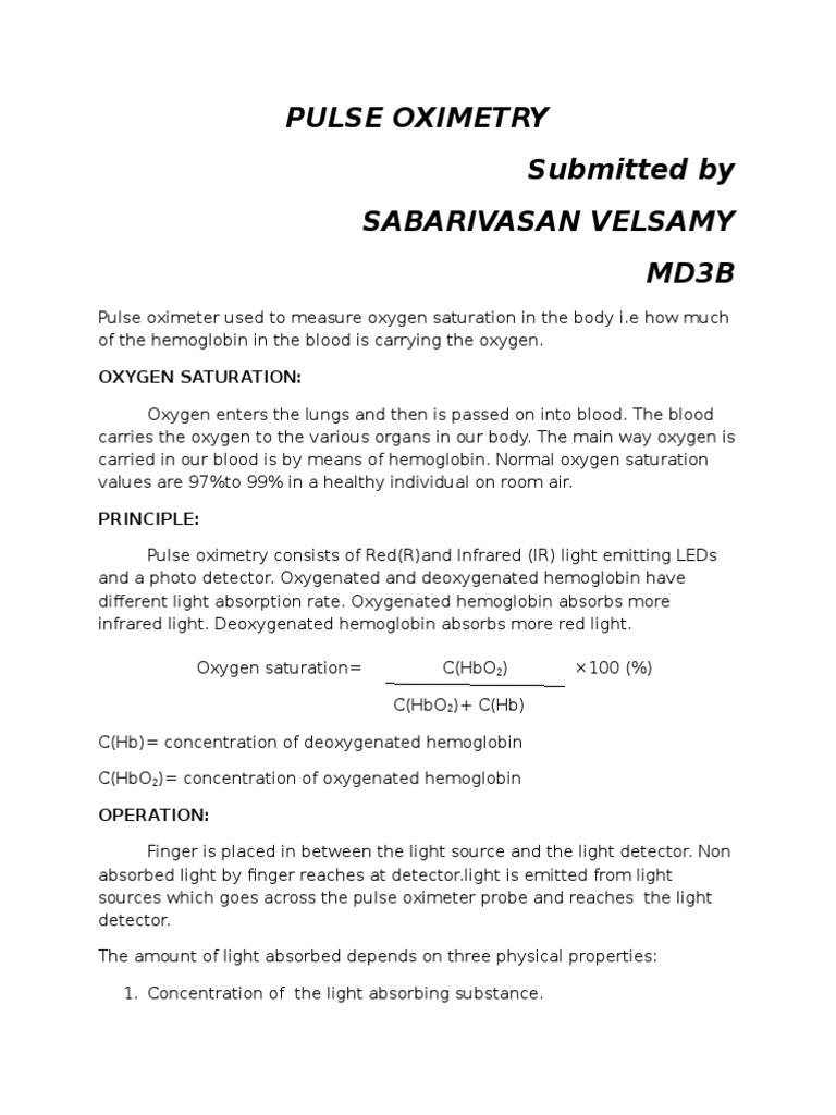 Pulse Oximetry Submitted by Sabarivasan Velsamy Md3B: Oxygen Saturation ...