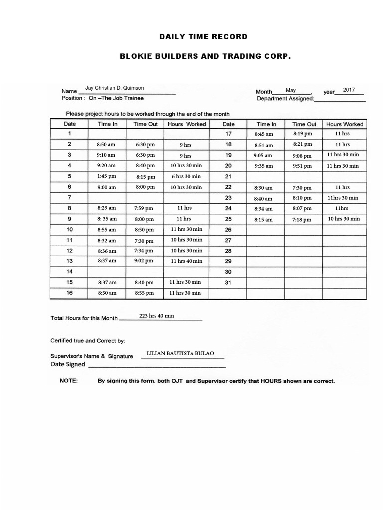 Daily Time Record for OJT Trainees | PDF