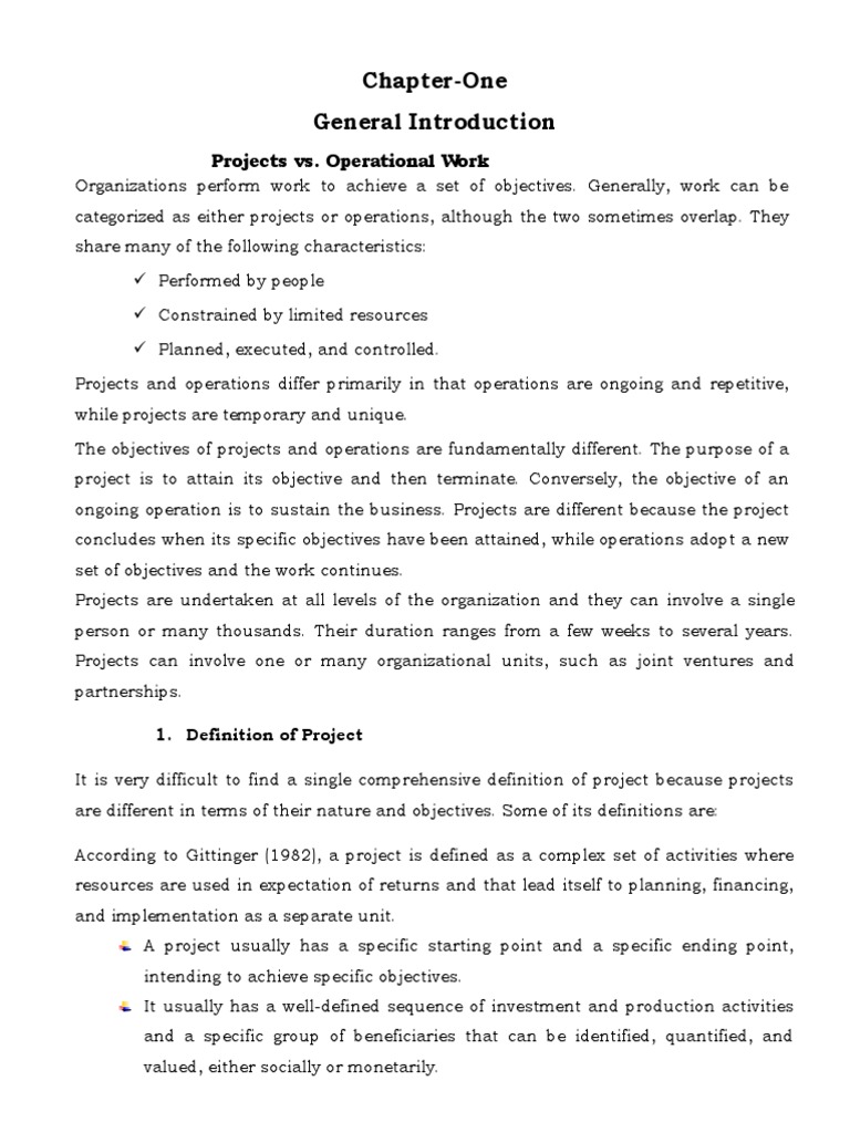 Chapter-One General Introduction: Projects vs. Operational Work | PDF ...