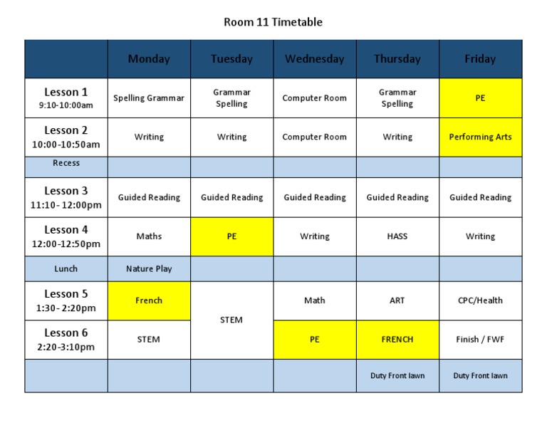 Room 11 Timetable Monday Tuesday Wednesday Thursday Friday Lesson 1 | PDF