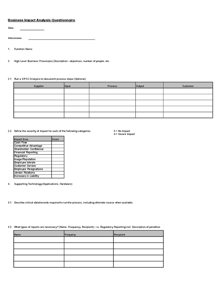 Business Impact Analysis Questionnaire | PDF | Business Process | Risk