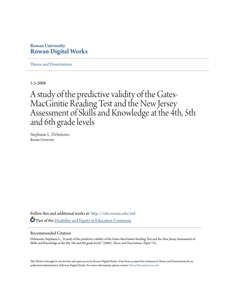 A Study of The Predictive Validity of The Gates-MacGinitie Readin | PDF ...