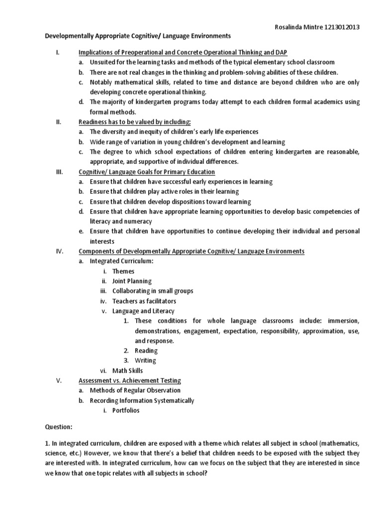 Developmentally Appropriate Cognitive/ Language Environments | PDF ...