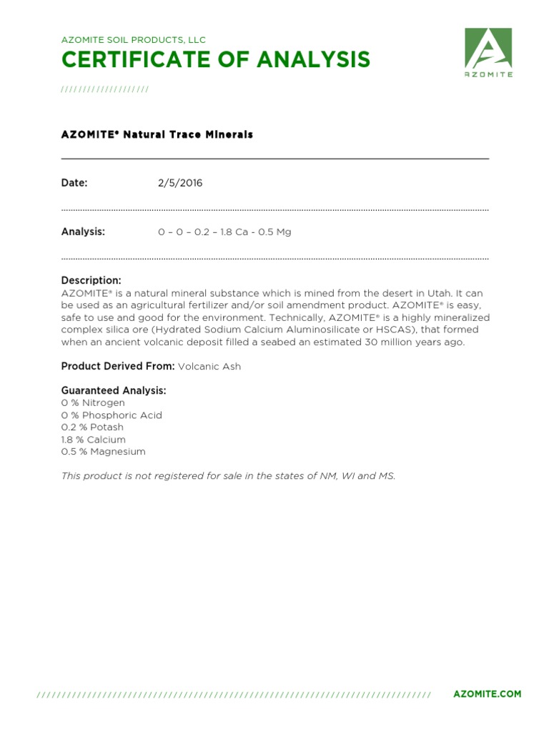 Certificate of Analysis: AZO M ITE® Natural Trace M Inerals | PDF
