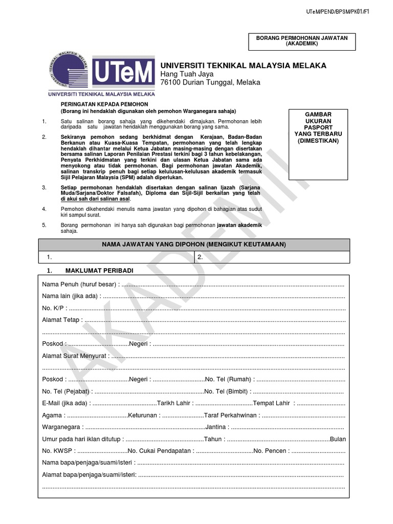 UTEM MELAKA - BorangPermohonanJawatanAkademik2017 | PDF
