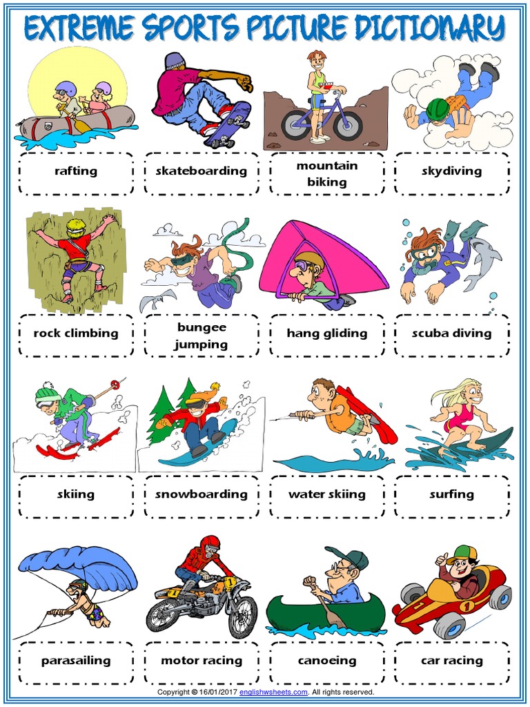extreme sports vocabulary esl picture dictionary worksheet for kids.pdf ...
